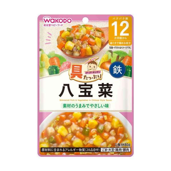 家庭では調理しにくいたんぱく素材を含む、バラエティ豊かな「具」がたっぷり入ったレトルトパウチタイプのベビーフード。豚肉をふんわりやわらかく練って、たっぷりの野菜と一緒に鶏ガラ・ほたてからとったスープで煮込んだ、彩り具材入り八宝菜です。着色料...