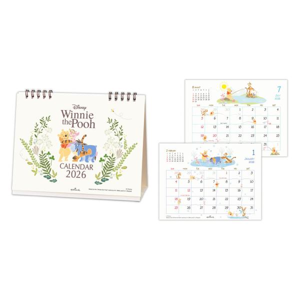 デスクで使いやすい省スペースな卓上カレンダー。プーさんと仲間たちのアートが毎月楽しめます。●本文サイズ：135×180mm●スタンドサイズ：145×180×80mm●内容：表紙1枚/本文6枚(両面印刷)・祝日表記：英語●ツインリング綴じ●1...