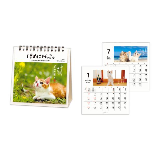 キュートな子猫たちから励ましのメッセージ！毎月可愛いネコちゃんたちが褒めてくれる、写真入りのカレンダーです。デスクで使いやすい省スペースな卓上タイプ。猫派のあなたにオススメ♪●本文サイズ：126×124mm●スタンドサイズ：137×135×...