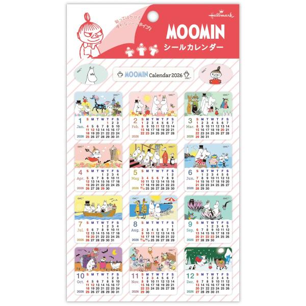 季節の風景とムーミンたちのイラストが可愛いカレンダー型シールです。ノートや手帳などいろいろなところに貼って使えて便利！■台紙サイズ：207×120mm■祝日表記：数字のみ