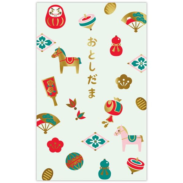 お正月のモチーフをパターン風にレイアウト2026年の干支である午（うま・馬）をモチーフにした年賀ポチ袋です。金箔加工により新年の明るくおめでたい雰囲気を演出しました。●105×65mm 1柄3枚●箔加工●金封シール付き