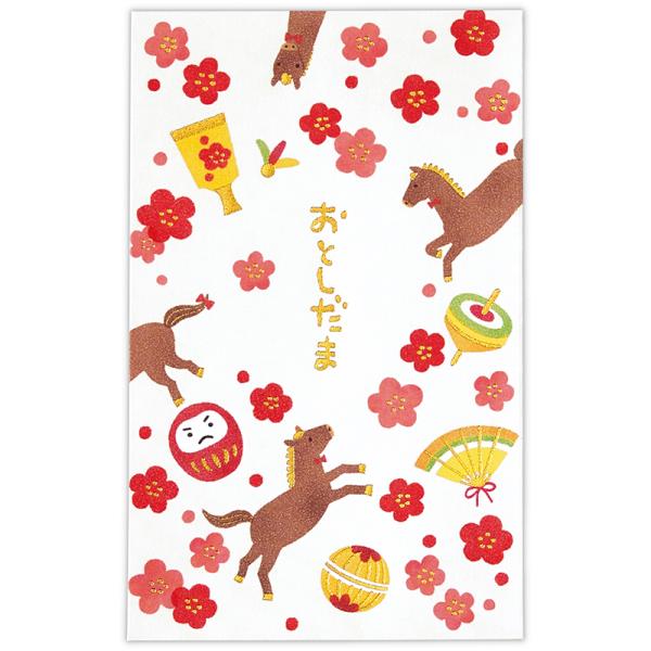 赤とピンクの梅の花で華やかな印象に2026年の干支である午（うま・馬）をモチーフにした年賀ポチ袋です。金箔加工により新年の明るくおめでたい雰囲気を演出しました。●105×65mm 1柄3枚●箔加工●金封シール付き