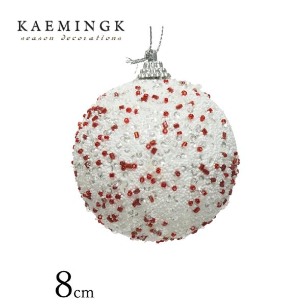 ホワイトベースの8cmボールに紅白のビーズとスパンコールが散りばめられた、おしゃれなデコレーションボールです。主役になりがちなレッドをあえて引き立て役にすることで、より落ち着きのある印象のオーナメントに仕上がっています。絶妙に大人ポップな雰...