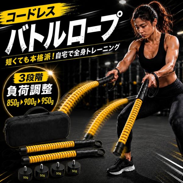 2026NEW 自宅で手軽に本格トレーニング！コードレスタイプのバトルロープ2本セットです。スプリング構造による反発を利用し、上下・左右・前後・ひねりなど様々な動きでトレーニング。長いロープや固定場所を必要とせず、室内でも省スペースで使用で...