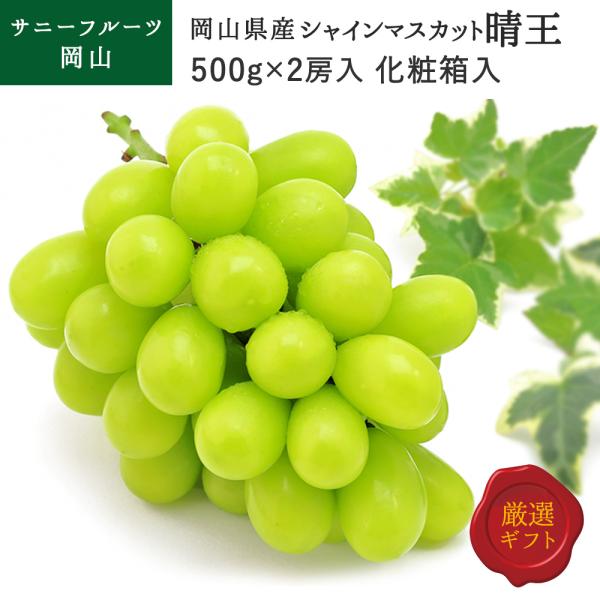 ●産地名岡山県●品種名シャインマスカット 晴王●内容量約500g 2房入り / 化粧箱入り●商品説明ぱっと目を引く透き通った美しい外観のシャインマスカットは、瀬戸内の太陽をたくさん浴び、緑が深く綺麗な翡翠色をしています。大粒な実には種がなく...