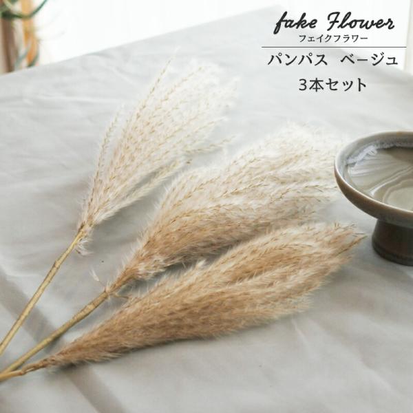 パンパス ベージュ（3本セット）房部分に天然素材を使用し、本物そっくり質感のススキのフェイクフラワー。花瓶に挿すだけで一気にお部屋が秋モードに。お月見の飾りや、写真撮影の小物にもぴったりな秋のしつらえに欠かせないアイテム。数本まとめて飾ると...