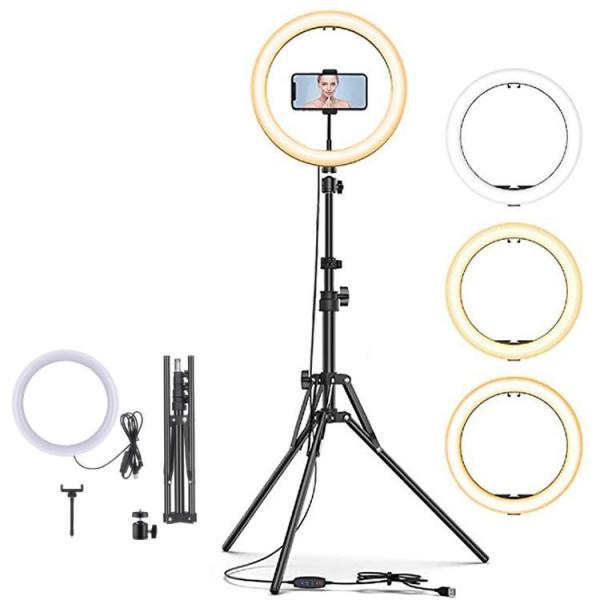 【仕様】LEDライト：直径 約26cm（10インチ）重量：約2Kg色調調整：3段階明るさ調整：10段階スタンド高さ：最長約170cm電源：USB給電 5Vセット内容：LEDライト、雲台、三脚170cmスタンド、スマホホルダー※説明書が含まれ...