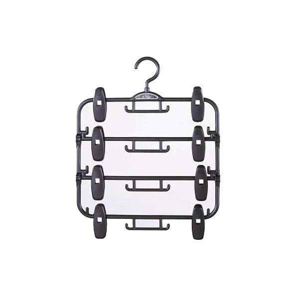 プラスチック製スカート用ハンガー○スカート4枚＋3枚、計7枚を1枚分のスペースで効率よく収納できます。○ロック式アームなので簡単に掛け外しができます。○挟み跡がつかないゴム質の滑り止め使用。定番商品管理番号 STDX-04-BK生産地 日本...