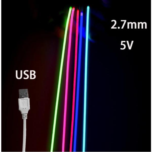 USB仕様　DC5V　極細2.7mm幅　COB LEDテープ　1M　非防水背面は両面テープになってます。USBプラグがついてますので、差し込みだけで使用可能。モバイルバッテリーやUSB充電器、パソコンから電源供給可能。様々な場面で使用用途が...