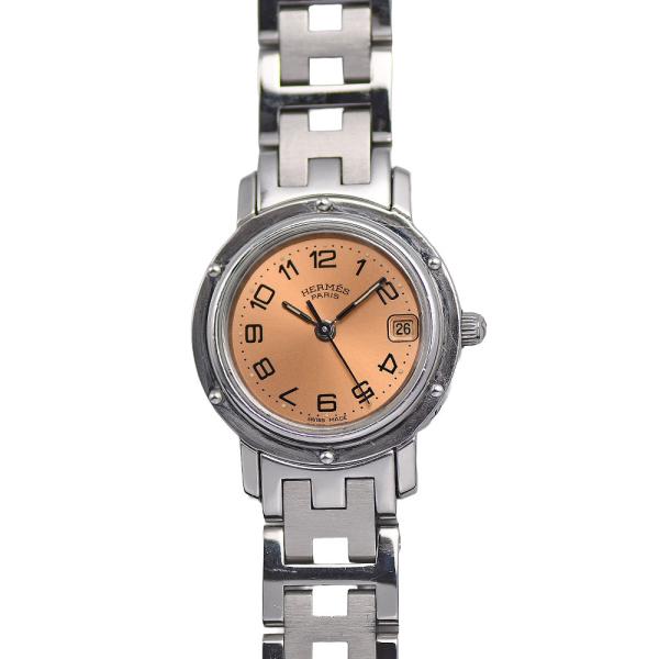 商品名：HERMES　Clipper型番：CL4.210素材：ステンレススチール／サファイアガラスムーブメント：クォーツ防水性能：日常生活防水文字盤色：ピンク系仕様：カレンダー機能（日付）サイズ：ケース直径：約24mm（リューズ含まず）／腕...