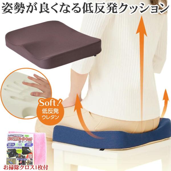 低反発美姿勢クッション+お掃除クロス1枚付でのお届になります。（お掃除クロスのカラーはランダムでお届けします。）背筋ピン！骨盤の位置を安定させ、腰への負担を軽減するクッション座り姿勢気になっていませんか？・ついつい猫背になってしまう。・長時...