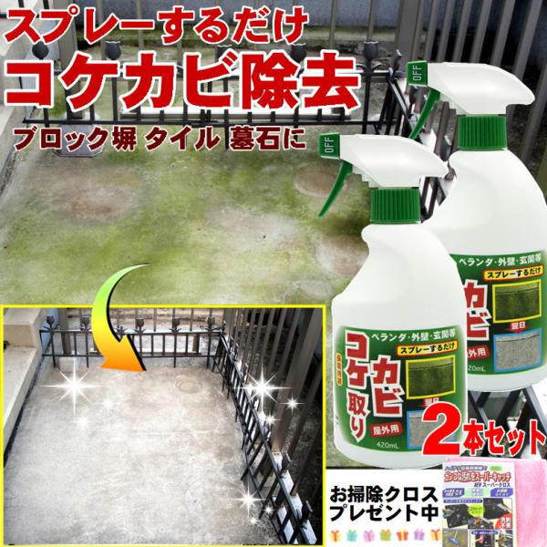 爆買 スプレーをするだけで、水洗いは不要！コケカビ取り(屋外用)420ml【お買い得！2本セットでのお届けです。】◆スプレーするだけ！頑固なコケ・カビがスッキリ！◆簡単にスプレーするだけで外壁、ブロック塀、　コンクリート塀などを綺麗に！　軽...