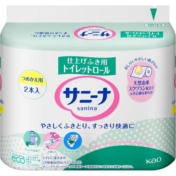 【商品名】花王 サニーナ トイレットロール つめかえ用 2本入【JANコード】4901301008626【商品説明】やさしい肌ざわりで、トイレ後の仕上げふきに便利な「サニーナ トイレットロール」のつめかえ用です。天然由来の保湿成分「スクワラ...