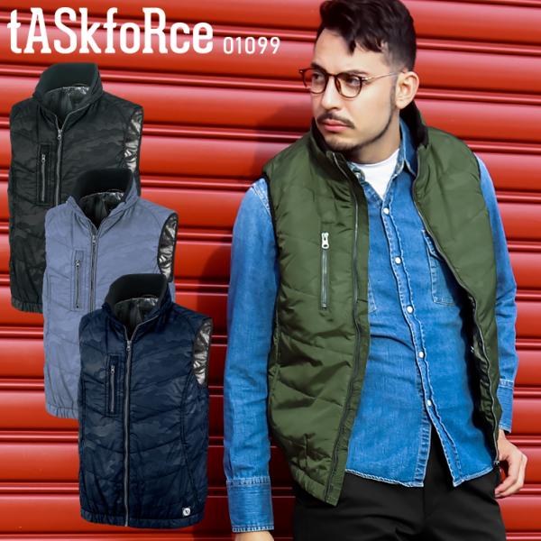 作業服・作業着・防寒着大川被服 TASK FORCE タスクフォース  01099tASkfoRce(R)中綿エンボスベスト■シーズン秋冬用■素材表生地：ナイロンタフタ(ナイロン100%)裏地：アルミプリント(ポリエステル100%)リブ：ポ...