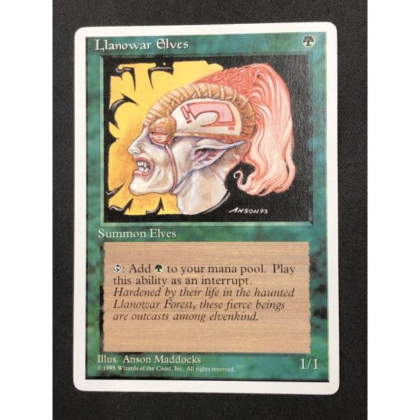 〇Magic: The Gathering【アルターネイト第4版】収録●レアリティ:コモン●カード名：ラノワールのエルフ/Llanowar Elves{Tap}：あなたのマナ・プールに{緑}を加える。※当店のカードはリユース/中古品です。全...