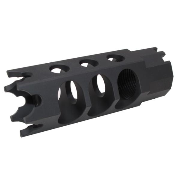 This muzzle blast is made by precision CNC machines.  It is made of 6063 aluminium with M24 thread, and has matt black h...