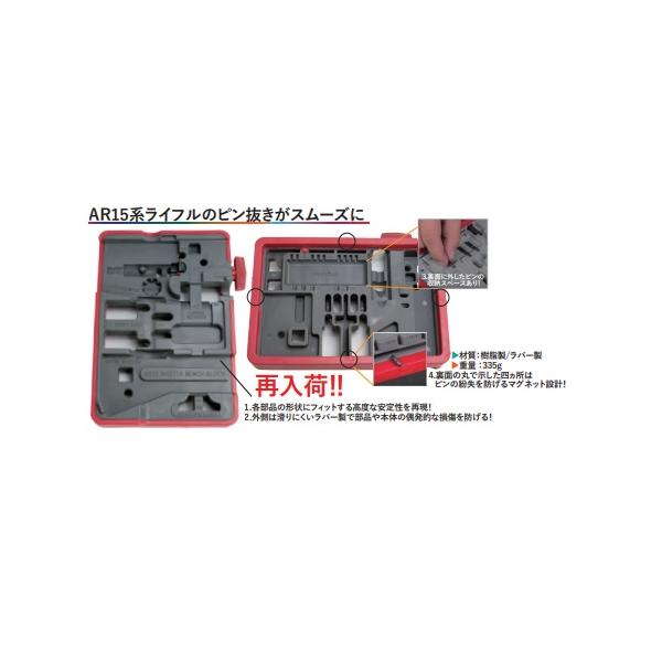 AR15系ライフルのピン抜きがスムーズに。1.各部品の形状にフィットする高度な安定性を再現！2.外側は滑りにくいラバー製で部品や本体の偶発的な損傷を防げる！3.裏面に外したピンの収納スペースあり！4.裏面の丸で示した四ヵ所はピンの紛失を防げ...