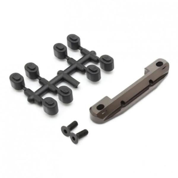 アルティマSB ダートマスター用オプションパーツ。リヤサスアームのホルダーをアルミ製にすることで耐クラッシュ性が向上。また、4種類のブッシュを組み合わせることで、リヤのトーインを調整することが可能。後ろ側のサスホルダーと交換。