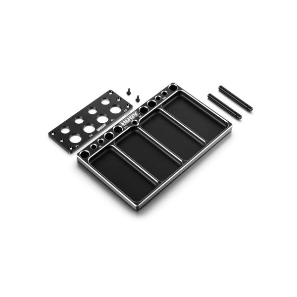 ダンパースタンドが付属したアルミトレイ。アルミブラックアルマイト。      Professional, ultra-compact work tray for rebuilding diff and shocks. CNC-machine...