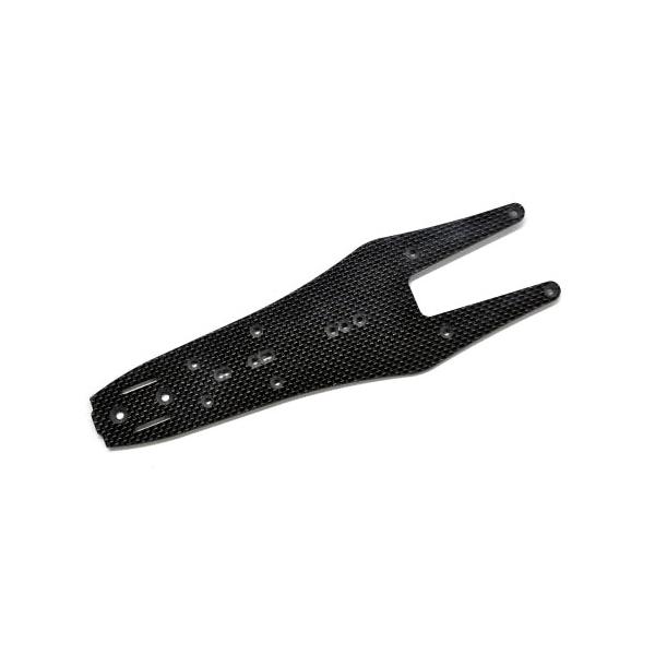 高剛性3.0mm国産カーボン使用。幅をノーマルより少し広くした事でフロント部分のピッチング剛性を確保し、安定したハンドリングを実現します。ZFC014で採用されたステリングクランクシステムを使用可能。標準のサーボマウントも使用可能です。