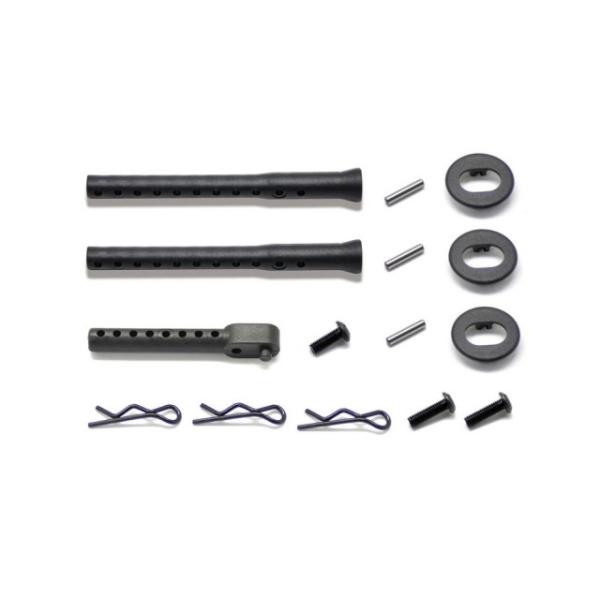 S411/Eryx 4WD/Project4X/710/722/733/747/748フロントボディポストのフルセット。取り付けネジと本体のクリップが付属しています。