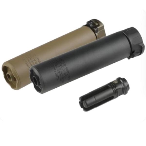 SF SOCOM556-RC2タイプダミーサプレッサーです。ハイダーを装着したままサプレッサーを脱着することができるワンタッチ仕様です。一般的な14mm逆ネジ仕様のアウターバレルに装着可能。※販売品はブラックカラーのサイレンサーｘ1とハイダ...