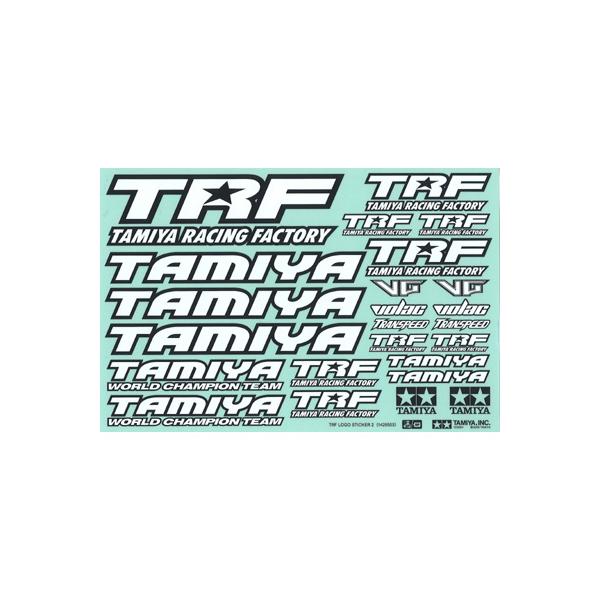 【オリジナルマーキングには欠かせないロゴステッカー】TRFやタミヤをはじめ、VG、VOLAC、TRANSPEEDなどのロゴを用意。黒枠つきのホワイト文字はどんなカラーリングのマシンにもフィットします。【基本スペック】サイズ218×145mm