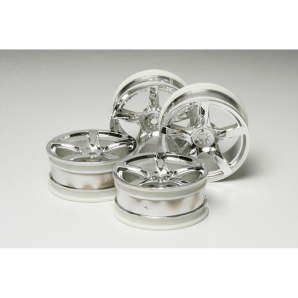 【RCカーの足下を引き締めるメッキホイールです】RCカーの足下をぐっと引き立てるメッキ仕上げの5本スポークホイールです。24mm幅のミディアムナローサイズ。タイヤ接着面にはメッキがかけられていないので、瞬間接着剤をそのまま流し込んでタイヤを...