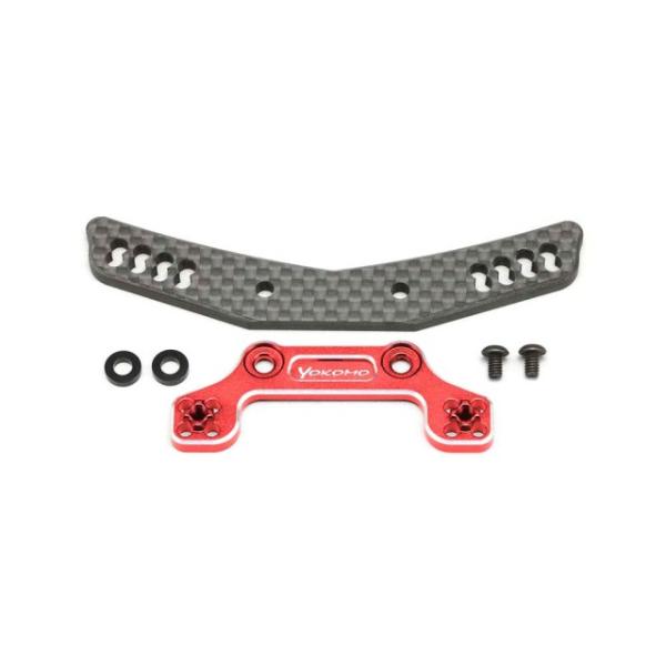 YD-2シリーズ用のフロントショックタワーです。ショックタワー部分はグラファイト製で軽量化し、アッパーアームホルダー部はアルミ製で精度と剛性を高めたハイブリッド構造となっています。