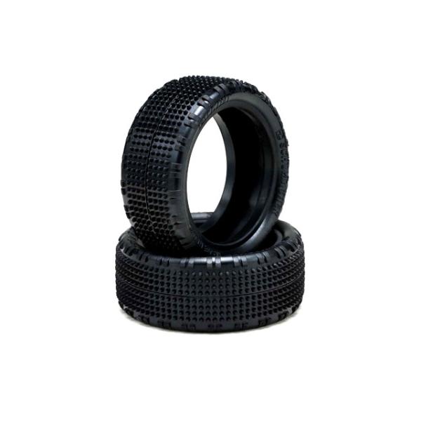 マイクロテーパーピンとショルダーのブロックパターンを組み合わせた、4WDオフロードカー用のフロントタイヤです。特にカーペットや人工芝などのハイグリップ路面に適した特性で、ショルダーのブロックによるコーナーでの引っ掛かり感を低減しつつ、テーパ...