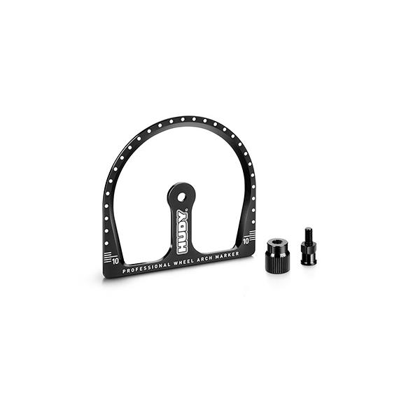 ボディーのホイルアーチ作成が簡単に！・1/10ツーリング用・軽量アルミブラックアルマイト・ホイルアダプター＆ナット付属・車高用目盛り：8〜12mmHUDY professional 1/10 TC wheel arch marker all...
