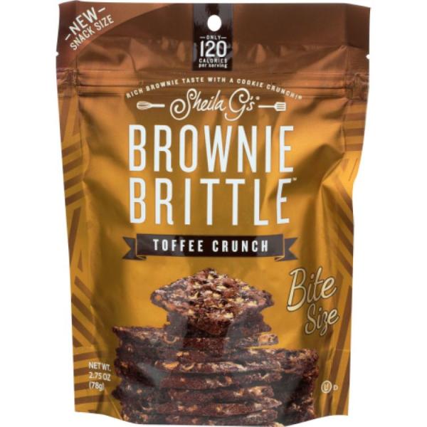 ブラウニーブリトルは、濃厚なチョコレートブラウニーの風味と、ブラウニーパンの縁のようなサクサクとした食感の、元祖ブラウニースナックです。トフィークランチブラウニーブリトルは、トフィーの粒々を贅沢にあしらっています。
