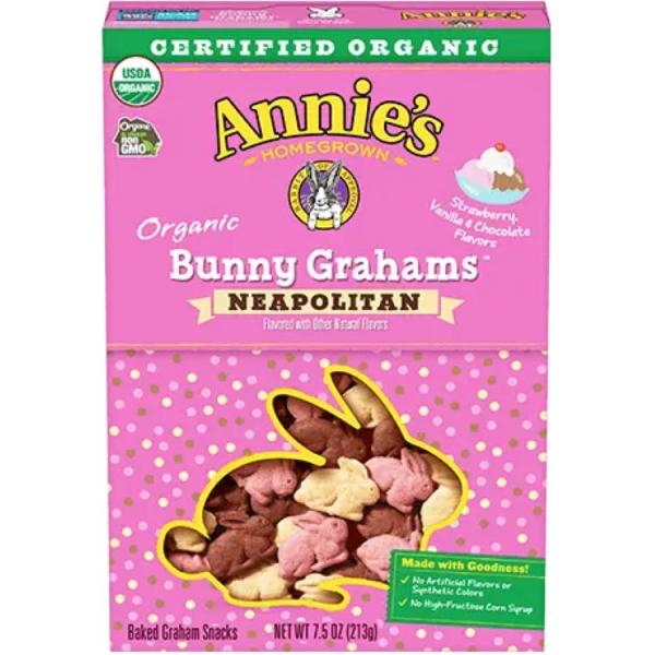 アニーズ バニー グラハムは、小さな手にぴったりのかわいらしいスナックです。イチゴ、バニラ、チョコレートのフレーバーのウサギの形をしたグラハムクラッカーは、非遺伝子組み換え原料を使用して丁寧に作られており、高果糖コーンシロップは使用していな...
