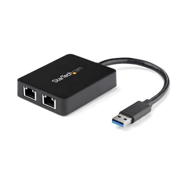 【商品名】 StarTech.com USB3.0 ギガビットイーサネット LANアダプタ（USBポート×1付き）10・100・1000Mbps×2口 ブラック USB32000SPT 1個
