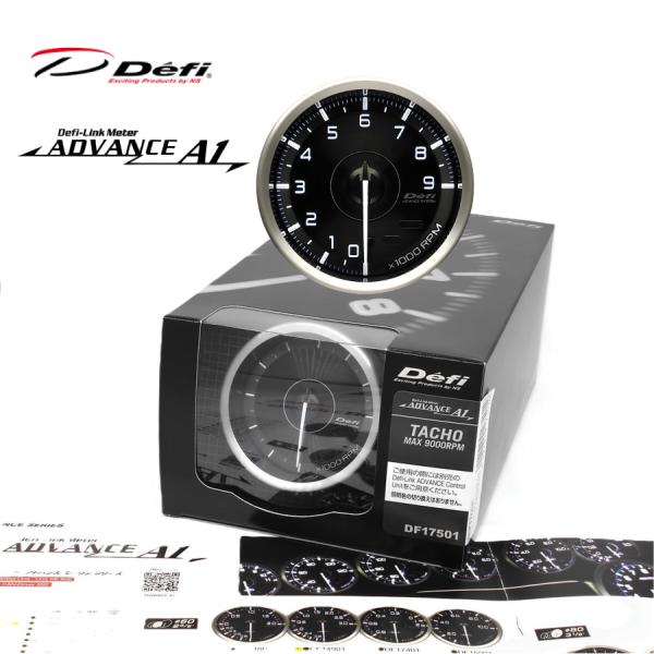 Defi　ADVANCE　A1　60Φ　タコメーター（MAX表示9000rpm）　　DF17501ADVANCE A1は低反射加工を施したガラスや、ヘアラインや凸形状の装飾が施された金属調の文字板を採用した、抜群の視認性を誇るプレミアムなモ...