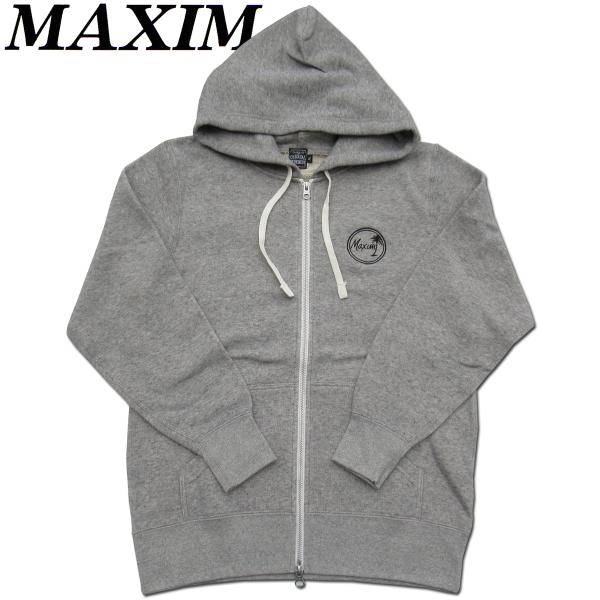 MAXIM マキシム オリジナルジップパーカーやらかなパイル地を使用したZIPパーカーです。左ムネにサークルMAXIMパーム刺繍が施されたシンプルな仕上がりです。カラー：グレー（パーム刺繍ブラック）《サイズ目安》平置き採寸Ｓサイズ：肩幅（約...