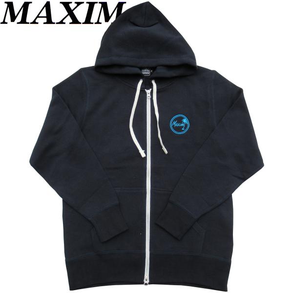 MAXIM マキシム オリジナルジップパーカーやらかなパイル地を使用したZIPパーカーです。左ムネにサークルMAXIMパーム刺繍が施されたシンプルな仕上がりです。カラー：ネイビー（パーム刺繍ブルー）《サイズ目安》平置き採寸Ｓサイズ：肩幅（約...