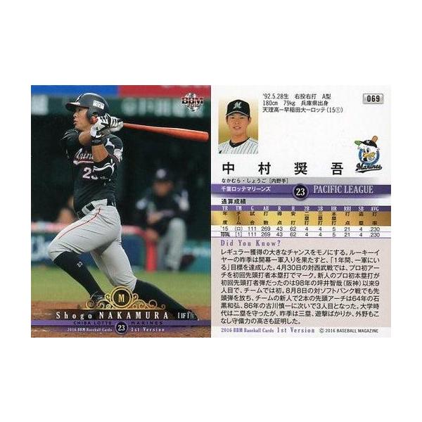 商品名：中古BBM 069[レギュラーカード]：中村奨吾BBM/レギュラーカード/千葉ロッテマリーンズ/BBM2016 ベースボールカード 1stバージョンレア度：レギュラーカードシリーズ：BBM2016 ベースボールカード 1stバージョ...