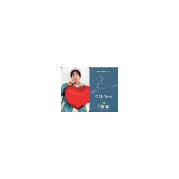 商品名：中古コレクションカード(男性) VICTON/ハン・スンウ(HAN SEUNG WOO)/上半身・衣装青・帽子・目線左・ハート柄クッション・裏面青・印刷サイン入り/CD「1st Mini Album Fame」(HAN ver.)特...