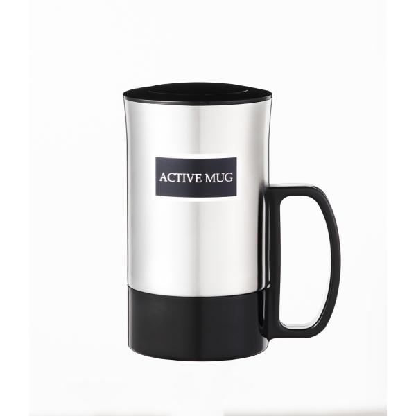 魔法瓶と同じ真空断熱構造により、飲み頃温度を長時間保ちます。付属の蓋はカップの口元へ乗せることで保温効果をさらに長持ちさせます。材質：本体＝18-8ステンレス／蓋、ハンドル付きホルダー＝ポリプロピレン。実容量：450ml。日本製。