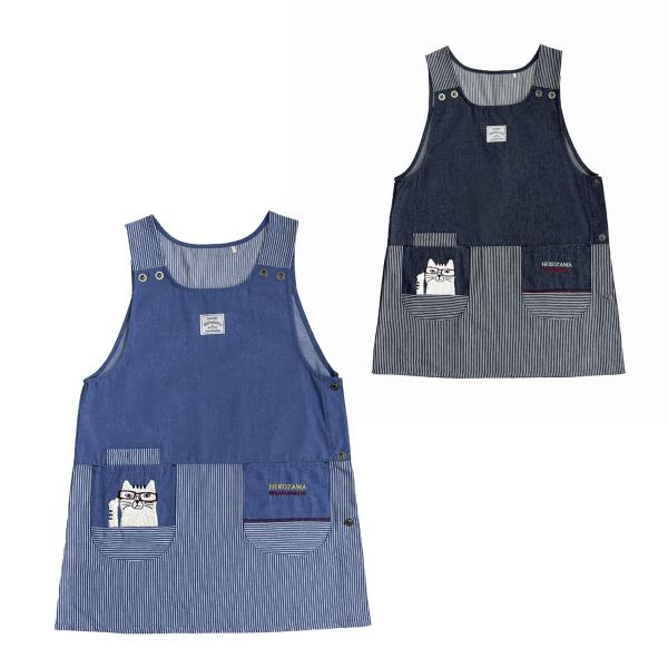 【発売日：2025年09月22日】ブランド：クスグルジャパン Kusuguru Japan品　番　：25-10015品　名　：ネコまるけ 先染めデニム調＆ヒッコリー 脇釦あきエプロンカラー　：#1/BL ブルー #2/NB コンサイズ　：着...