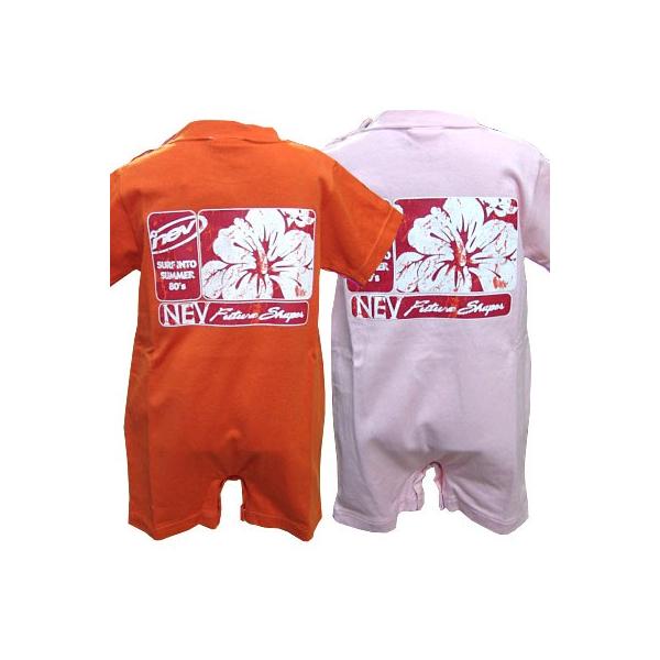 後ろのかすれたようなサーフテイスト溢れるハイビスカスのプリントが夏っぽくてGOOD！贈り物にもお勧めです★素材：綿100％サイズ(着丈/身幅),70-80(42/27.5),80-90(46/29.5)