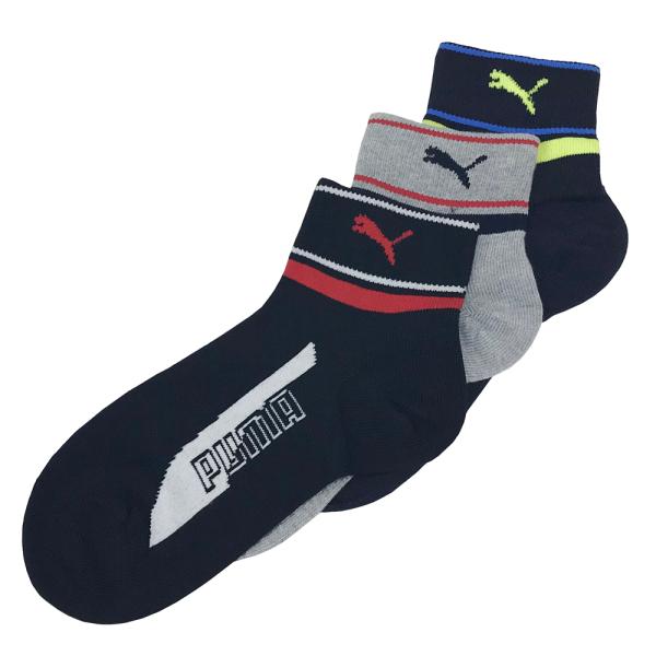 【発売日：2025年10月29日】ブランド：Puma プーマ 品　名　：キッズ 消臭加工 くつ下 3足組 クォーターソックス 品　番　：4293-345カラー　：01-3色アソート(コン、グレー、ブラック)素　材　：ポリエステル/綿/その他...