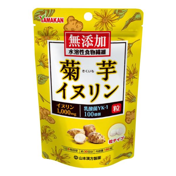 山本漢方製薬 菊芋イヌリン粒 １８０粒 ・菊芋＆イヌリンを無添加で錠剤に成功。イヌリン1000?　乳酸菌YK-1　100億個。水溶性食物繊維（イヌリン）が大腸まで届き、乳酸菌（YK-1）と共に、餌となります。商品紹介「菊芋」は北米原産の多年...