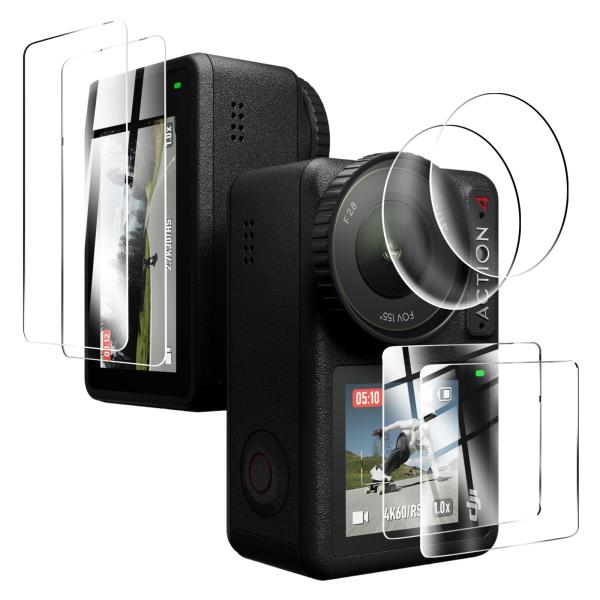 DJI Osmo Action 4 対応 スクリーンガラスフィルム + 2枚 カメラ フィルム 強化ガラス 液晶保護フィルム 專用フィルム 厚さ0.33? 硬度9H ガラス飛散防止 指紋防止高精細 表裏面保護 透明フィルム 【6枚入り】PC...