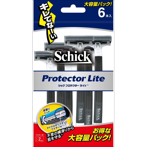 Schick(シック) プロテクターライト(6本入)髭剃り カミソリ 商品紹介●キレてな~い ●首振り式２枚刃カミソリ。 ●マイクロロセーフティーワイヤーが不意の横滑りから肌を守る＊ ●水色のアクアグライドが、刃と顔の摩擦を減らす。 ●滑ら...