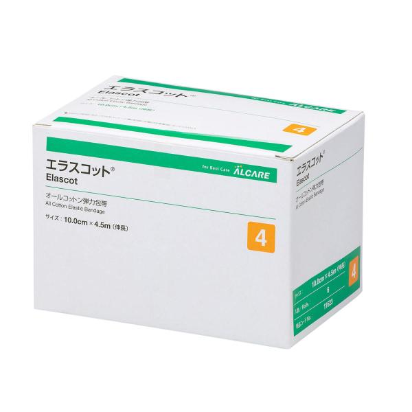 アルケア(Alcare) オールコットン弾力包帯 11623 エラスコット 100mm×4.5m 1箱6巻入 ・●材質：綿100％●幅×伸長時：100mm×4.5m●入数：1箱（6巻入）●型番：11623●種類：4号[規格]幅×伸長:10....
