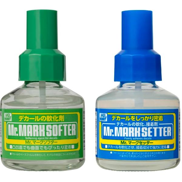 デカール軟化剤 Mr.マークソフター マークセッター MS231 MS232 各40ml セット ・円形デザイン: 使い易い洗剤ボトル・樹脂製:丈夫で長持ちする材質・色: 青と緑の2色から選択可能・軟化剤セット: 2本の40mlボトルで構成...