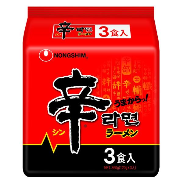 農心 辛ラーメン 袋 3食P ・カロリー:506kcal・ブラント名: 辛・商品紹介ビーフの旨味に韓国産唐辛子と野菜を加え、コクがありながらスッキリした口当たりに、特別調整した小麦粉を使用したスープとの絡みが良く「コシ」のある麺による韓国独...