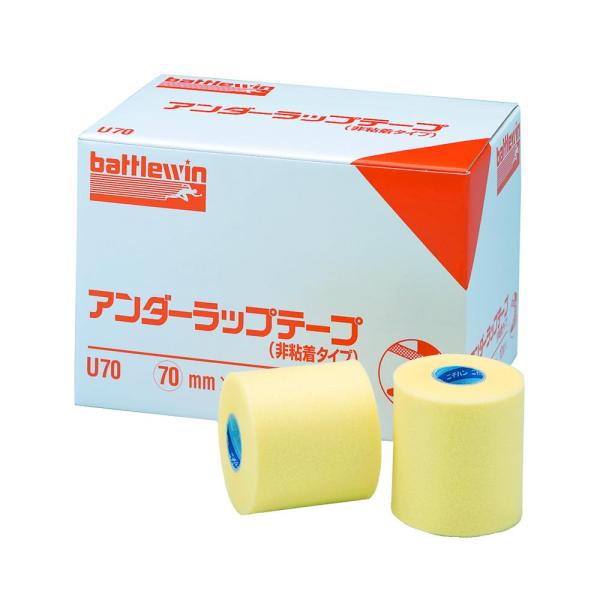 ニチバン バトルウィンアンダーラップテープ 70mm幅 25m巻き 12巻入り ・【テーピンスポーツによるケガの予防、再発防止、応急処置などにご使用いただくテーピングテープの補助材で、うすいウレタンフォームの非粘着テープです。テーピングする...